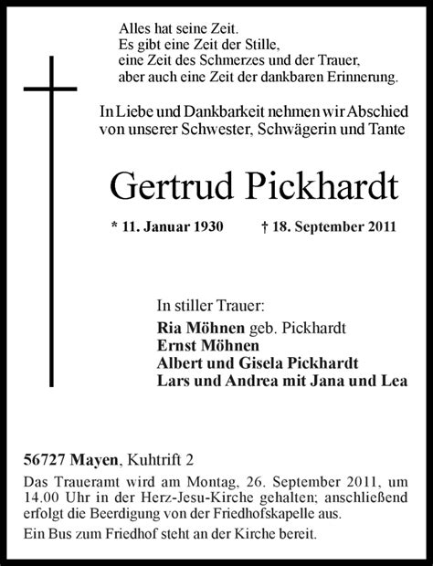 Traueranzeigen Von Gertrud Pickhardt Rz Trauerde