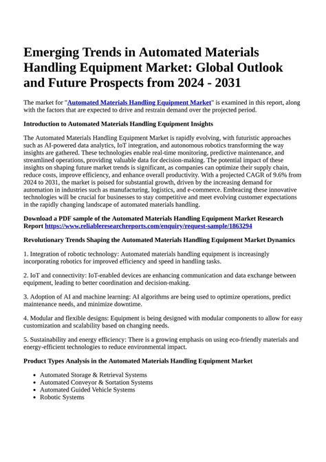 Reportprime Emerging Trends In Automated Materials Handling Equipment Market Global Outlook