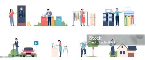 친환경 습관 생태학 라이프 스타일 쓰레기를 분류하는 사람들 경제 에너지 및 물 플라스틱 및 의류 재활용을 사용합니다 최근 벡터 플랫 장면 경제에 대한 스톡 벡터 아트 및