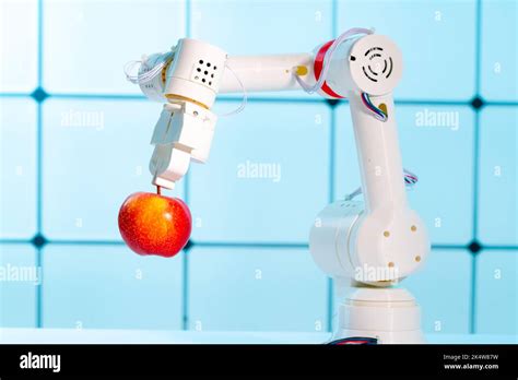 Robot Arm With Red Apple Robot Hand Is Holding A Red Apple Modern Technology Robotics Concept