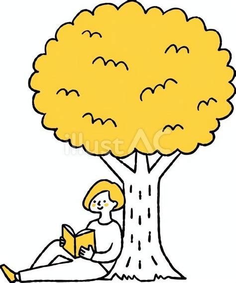 木に寄りかかって読書をしている女性イラスト