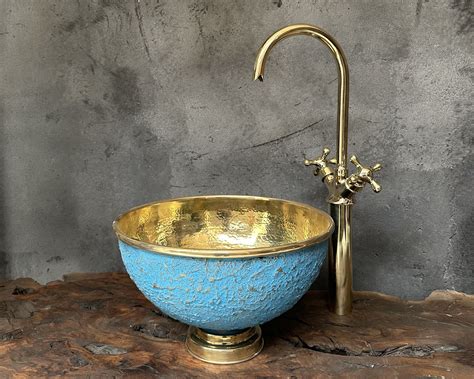 Blue Vessel Bathroom Sink With Brass Faucet Modern Look Copperkesh