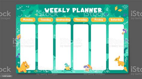 주간 플래너 귀여운 다른 공룡과 함께 학교 시간표 템플릿으로 돌아갑니다 아이들은 디노스와 함께 디자인 템플릿을 예약합니다 벡터 자식 플랫 일러스트 레이 션 0명에 대한 스톡