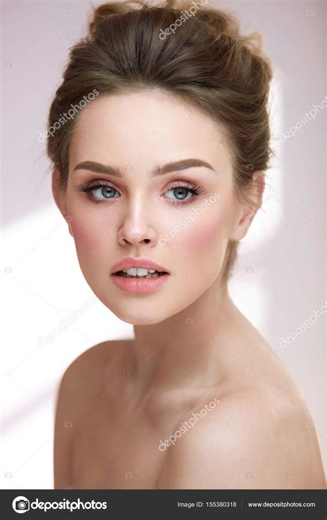 Beauty Woman Face Beautiful Sexy Female With Makeup Hairstyle Stock
