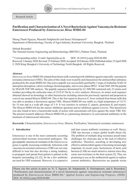 Pdf Purification And Characterization Of A Novel Bacteriocin Against Vancomycin Resistant