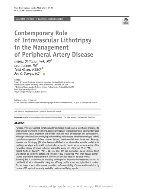 Contemporary Role Of Intravascular Lithotripsy In The Management Of Peripheral Artery Disease