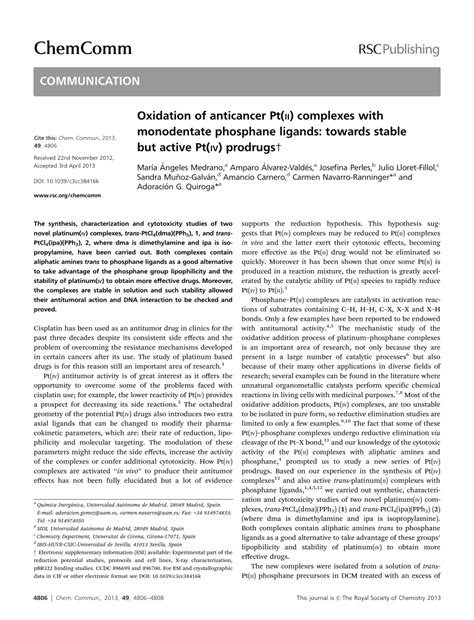 Pdf Oxidation Of Anticancer Ptii Complexes With Monodentate