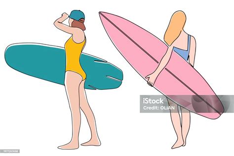 서핑 보드를 가진 소녀들 국제 서핑의 날 배너 서퍼 걸즈의 연속 선화 1 개 벡터 일러스트 레이 션 관능에 대한 스톡 벡터 아트 및 기타 이미지 Istock