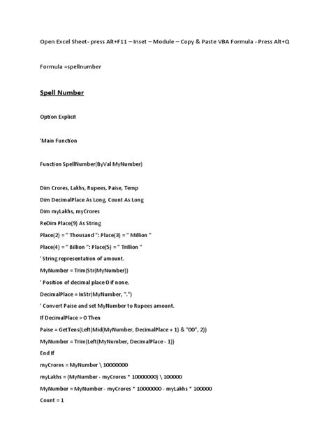 Spell Number Open Excel Sheet Press Altf11 Inset Module Copy And Paste Vba Formula Press