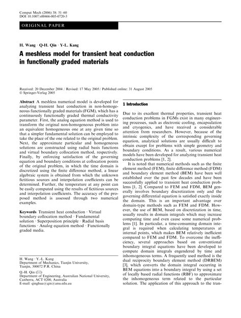 Pdf A Meshless Model For Transient Heat Conduction In Functionally Graded Materials