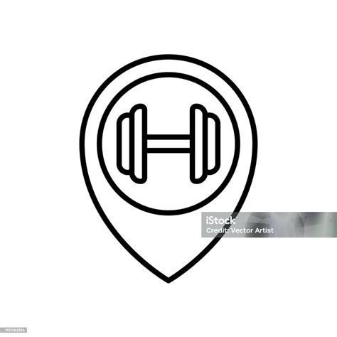 체육관 피트 니스 센터 위치 아이콘입니다 보디 빌더 장소 그림에 대 한 지도 핀 기호 내부 아령 간단한 Monoline 벡터 그래픽입니다 0명에 대한 스톡 벡터 아트 및