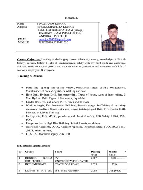 Dc Manoj Kumar Resume Pdf Firefighting Safety