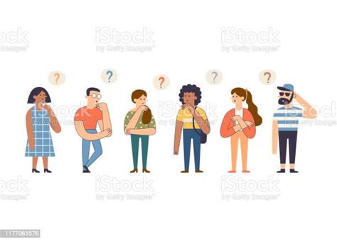 귀여운 사려 깊은 사람들의 그룹입니다 만화 똑똑한 남자와 여자 생각과 문제를 해결 생각 거품에 둘러싸인 재미있는 펜시브 문자