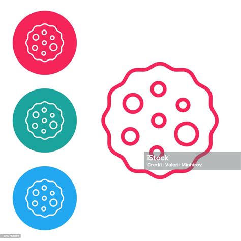 흰색 배경에 고립 된 초콜릿 아이콘이있는 레드 라인 쿠키 또는 비스킷 원 버튼에 아이콘을 설정합니다 벡터 누름 버튼에 대한 스톡 벡터 아트 및 기타 이미지 Istock
