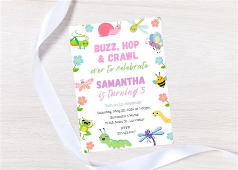 Editable Bug Birthday Invitation Template Pink Insect Birthday Party