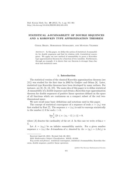 pdf statistical a summability of double sequences and a korovkin type approximation theorem