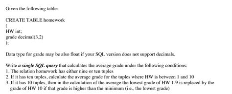 solved given the following table create table homework hw