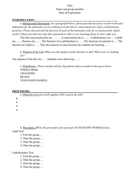 Organic Food Lab Fill In Formal Lab Report
