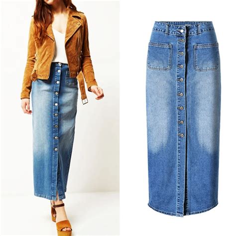 Olrain Vintage Women High Waist Washed Front Split Slim Button Long