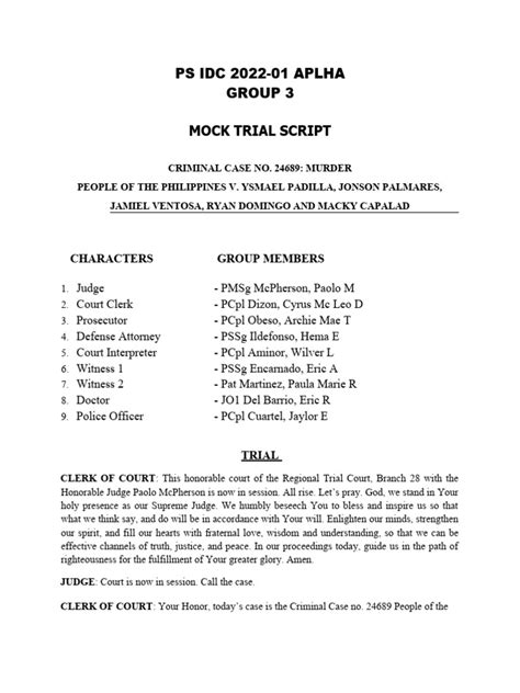 Group 3 Mock Trial Script Murder Pdf Prosecutor Evidence Law