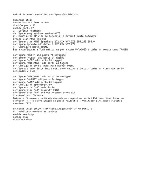 Switch Extreme Checklist Config Básicas Pdf