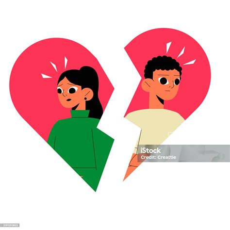 남성과 여성 캐릭터와 함께 부러진 마음 비탄 분리 정서적 고통을 상징하는 평면 벡터 일러스트 레이 션 흰색 배경에 고립 결별에 대한 스톡 벡터 아트 및 기타 이미지 Istock