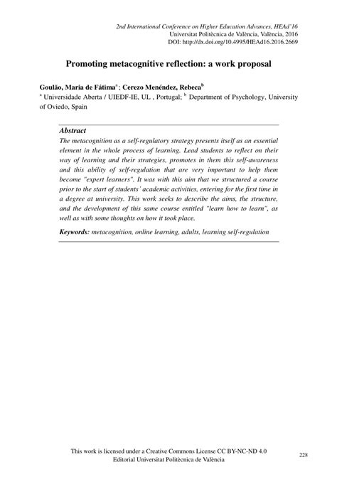 Pdf Promoting Metacognitive Reflection A Work Proposal