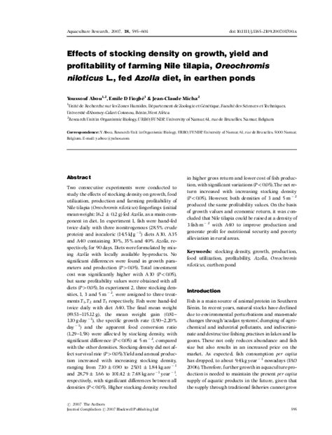 Pdf Effects Of Stocking Density On Growth Yield And Profitability Of Farming Nile Tilapia