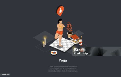 피트니스 운동 스포츠 활동 신체 운동의 개념 여자는 요가 자세로 서서 집에서 요가 매트에서 운동을 하고 주요 요가 운동을 하고 있다 아이소메트릭 3d 벡터 일러스트 레이 션