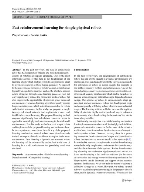 Pdf Fast Reinforcement Learning For Simple Physical Robots