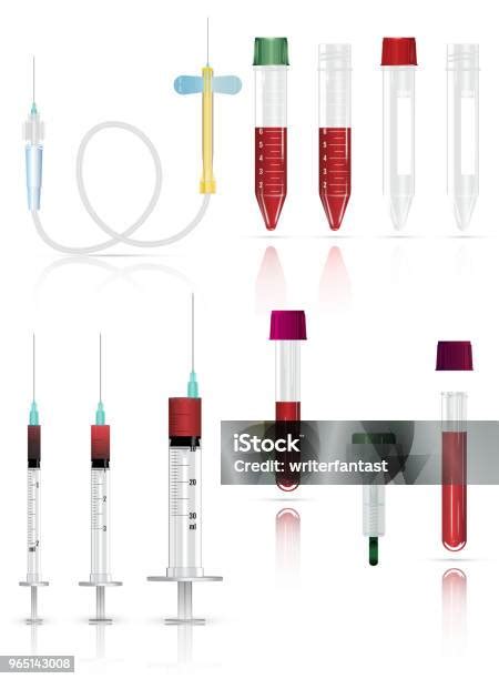 현실적인 의료 용품입니다 대 한 혈액 컬렉션 집합 단기 실험실 시험관 주사기에 대 한 흰색 바탕에 벡터 그림입니다 3d 건강관리와 의술에 대한 스톡 벡터 아트 및 기타