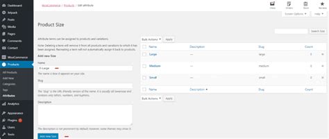 adding sizes options in woocommerce product advance
