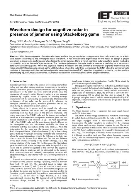 Pdf Waveform Design For Cognitive Radar In Presence Of Jammer Using Stackelberg Game