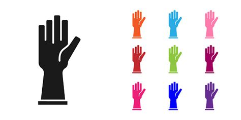 흰색 배경에 격리 된 검은 고무 장갑 아이콘 라텍스 손 보호 표지판 집안일 청소 장비 기호 다채로운 아이콘을 설정합니다 벡터 가사 집안일에 대한 스톡 벡터 아트 및 기타