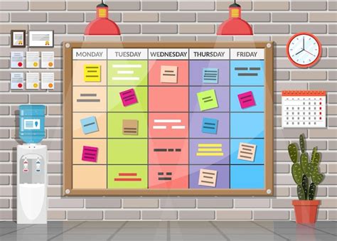 사무실 인테리어에 애자일 보드를 스크럼 스티커 메모 카드에 작업으로 가득 찬 벽에 게시판 직원을 위한 이벤트 목록입니다