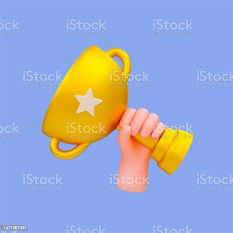 3d 최소 위너 컵 공로상 트로피 컵 챔피언 트로피 빛나는 황금 컵 우승자 상 클리핑 경로가 있는 챔피언 트로피 컵을 들고 있는 손 3d 렌더링 그림입니다 0명에 대한 스톡