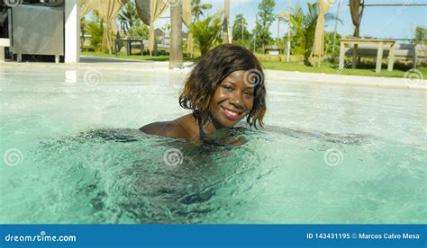 Happy And Beautiful Black African American Woman In Bikini Having Fun