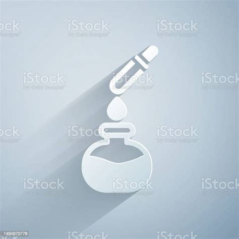 회색 배경에 분리 된 파이펫 아이콘으로 종이 절단 테스트 튜브 및 플라스크 화학 실험실 테스트 실험실 유리 제품 기호 종이 아트