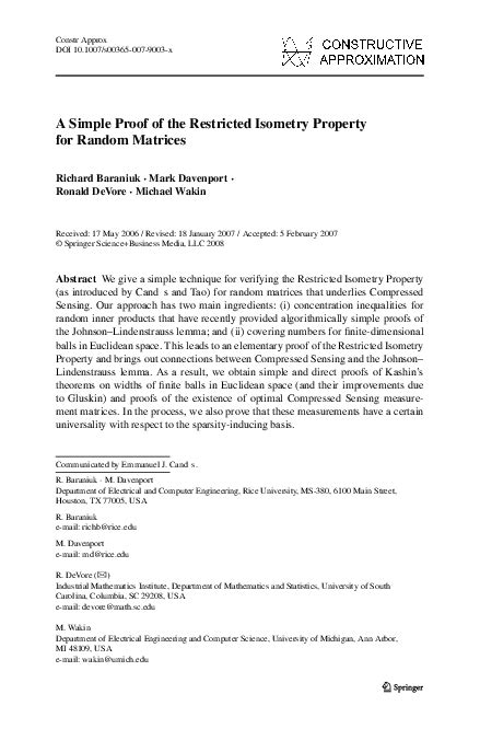 Pdf A Simple Proof Of The Restricted Isometry Property For Random Matrices