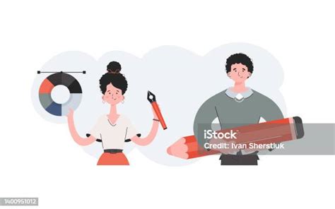 남자와 여자가 벨트를 잡고 서서 큰 연필을 들고 있습니다 디자인 프리젠 테이션 사이트를위한 요소 개념에 대한 스톡 벡터 아트 및 기타 이미지 Istock