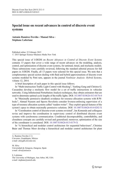 Pdf Special Issue On Recent Advances In Control Of Discrete Event Systems