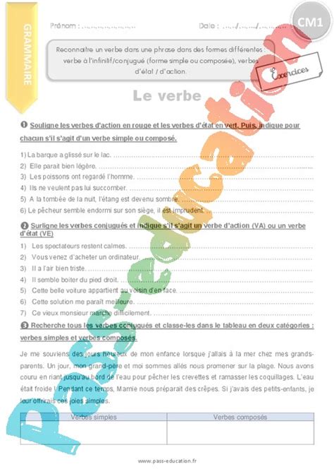 Verbe Groupe Verbal Cm1 Exercice évaluation Révision Leçon