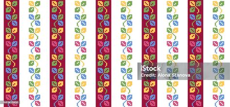다채로운 벡터 꽃 줄무늬 인쇄 패턴 섬유 직물 또는 천 장식 Carpathian Lemky 컬러풀한 스트라이프 프린트 픽셀 아트 Vyshyvanka 십자수 우크라이나 민속