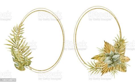 수채화 손은 흰색 배경에 열대 정글 잎과 금색으로 두 개의 타원형 프레임을 그렸다 결혼식 기념일 생일 등 핸드 그린 플로럴