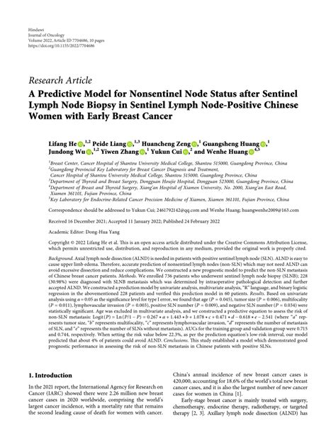 PDF A Predictive Model For Nonsentinel Node Status After Sentinel Lymph Node Biopsy In