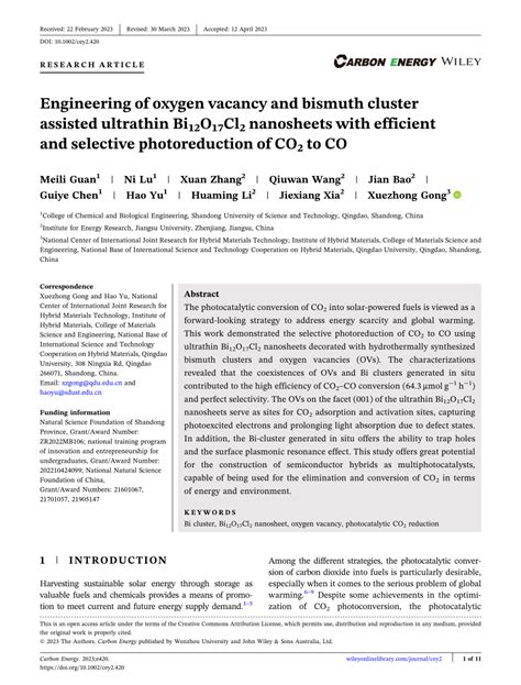 Pdf Engineering Of Oxygen Vacancy And Bismuth Cluster Assisted Ultrathin Bi 12 O 17 Cl 2