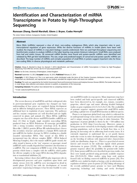 Identification And Characterization Of Mirna Transcriptome In Pottao By High Throughput