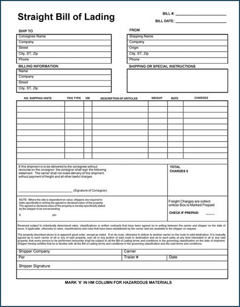 Free Printable Bill Of Lading Template