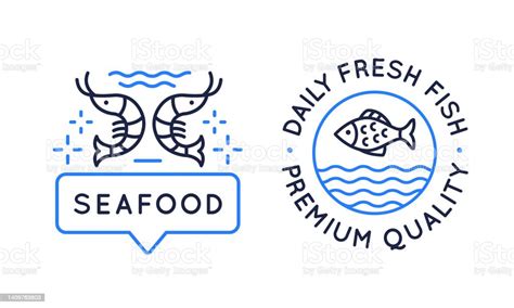 해산물 로고 흰색 배경에 고립 된 해산물 전문 식품 시설을위한 두 가지 트렌디 한 로고 새우와 물고기 아이콘 벡터 일러스트 레이