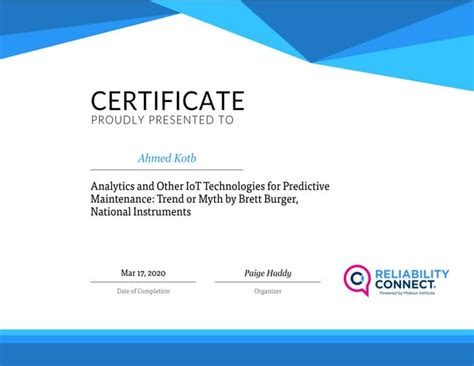 Certificate Of Completion Analytics And Other Iot Technologies For Predictive Maintenance